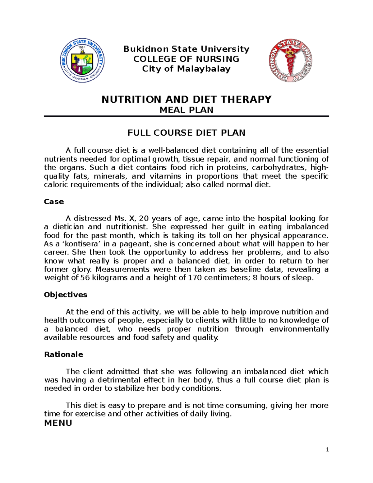 Full Course Diet Meal Plan - Bukidnon State University COLLEGE OF ...