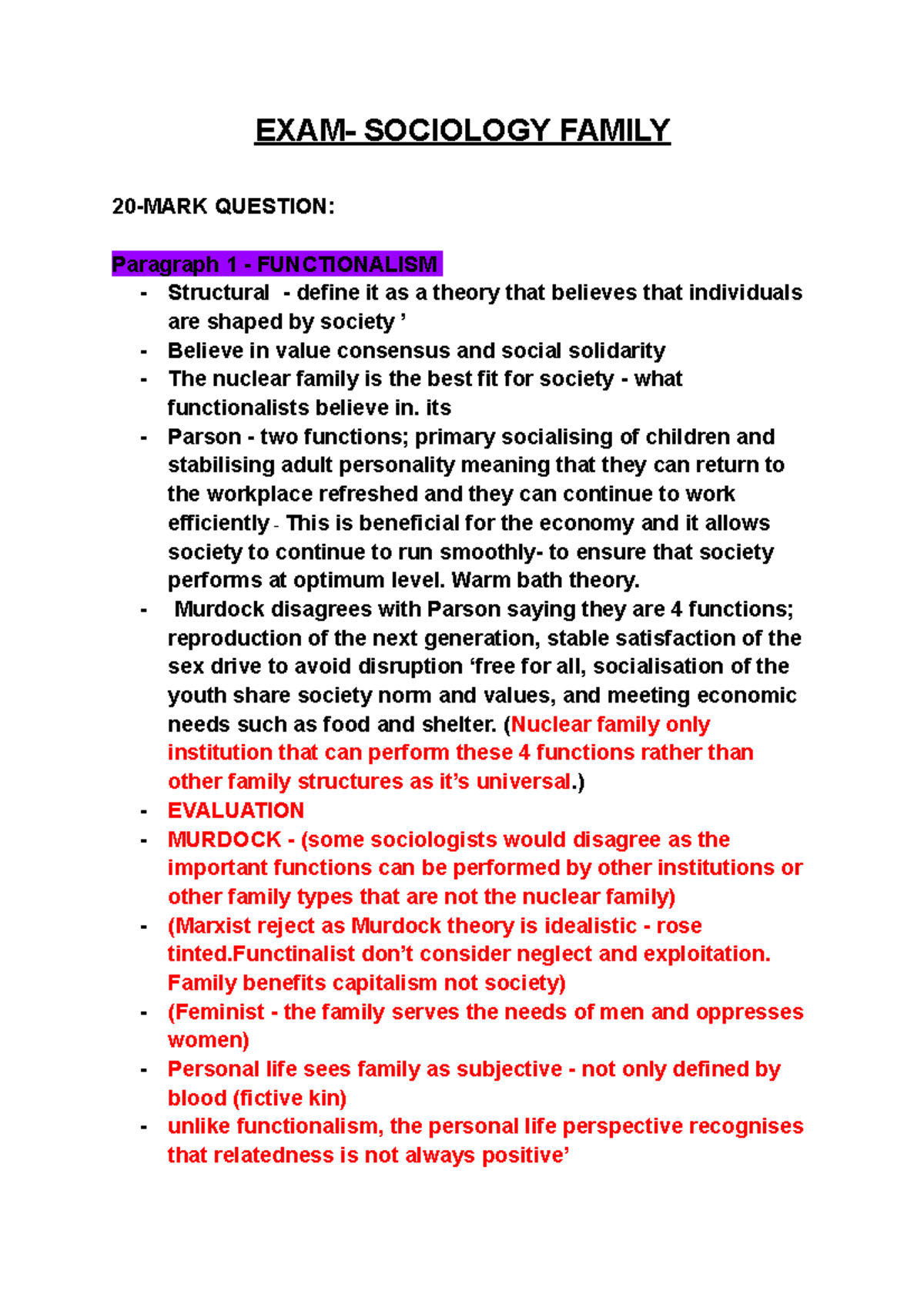 EXAM- Sociology Family - EXAM- SOCIOLOGY FAMILY 20-MARK QUESTION ...