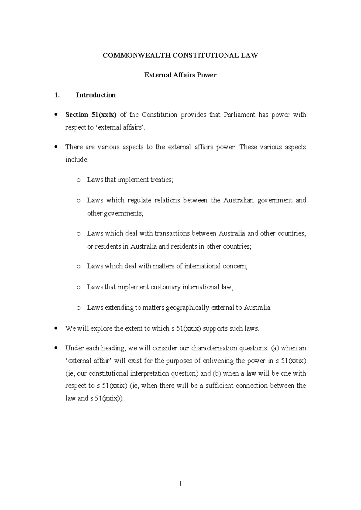 Week 3 class outline - COMMONWEALTH CONSTITUTIONAL LAW External Affairs ...