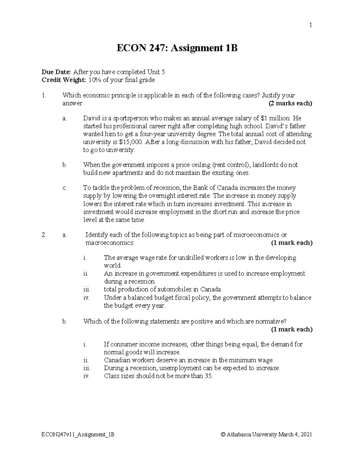 ECON247v11 Assignment 1B Mar2021 - ECON 247: Assignment 1B Due Date ...