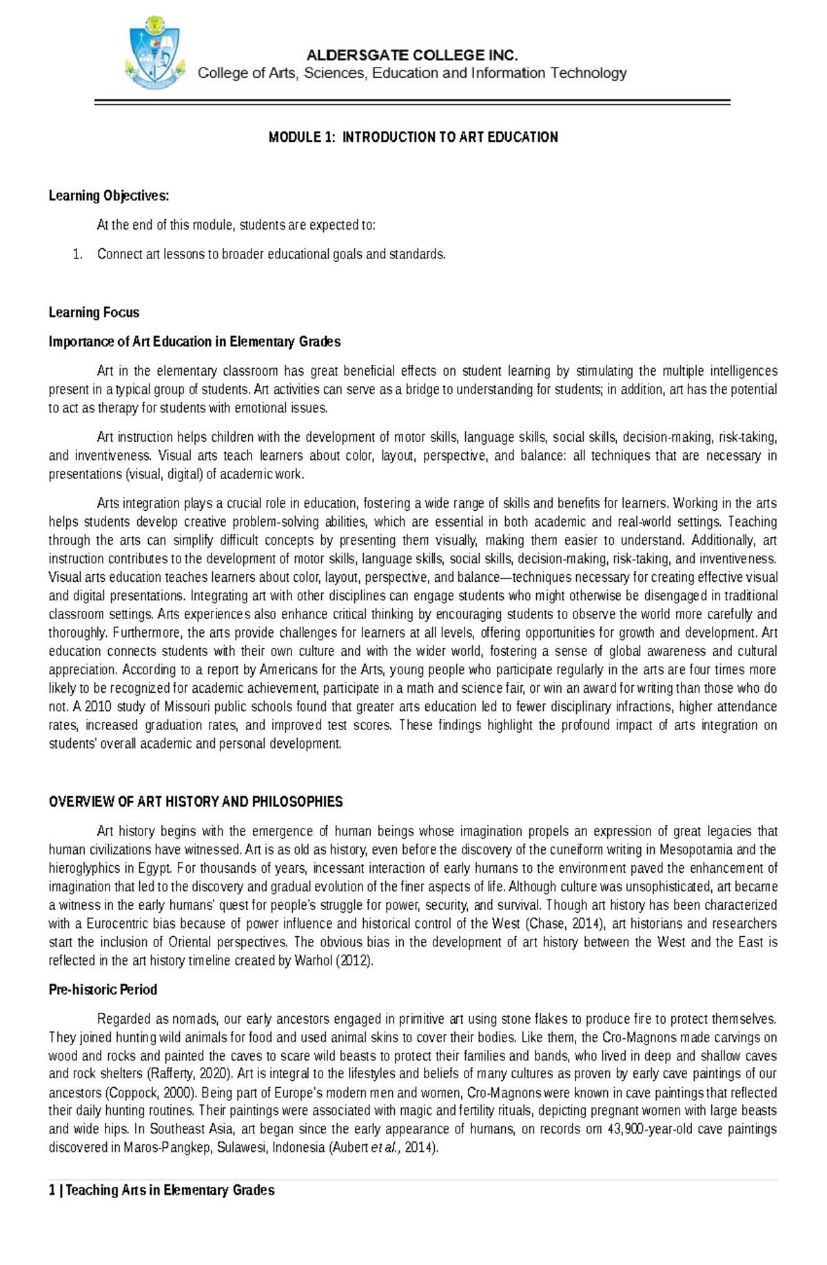 Teaching-Arts-in-EG Moduleshv - MODULE 1: INTRODUCTION TO ART EDUCATION ...
