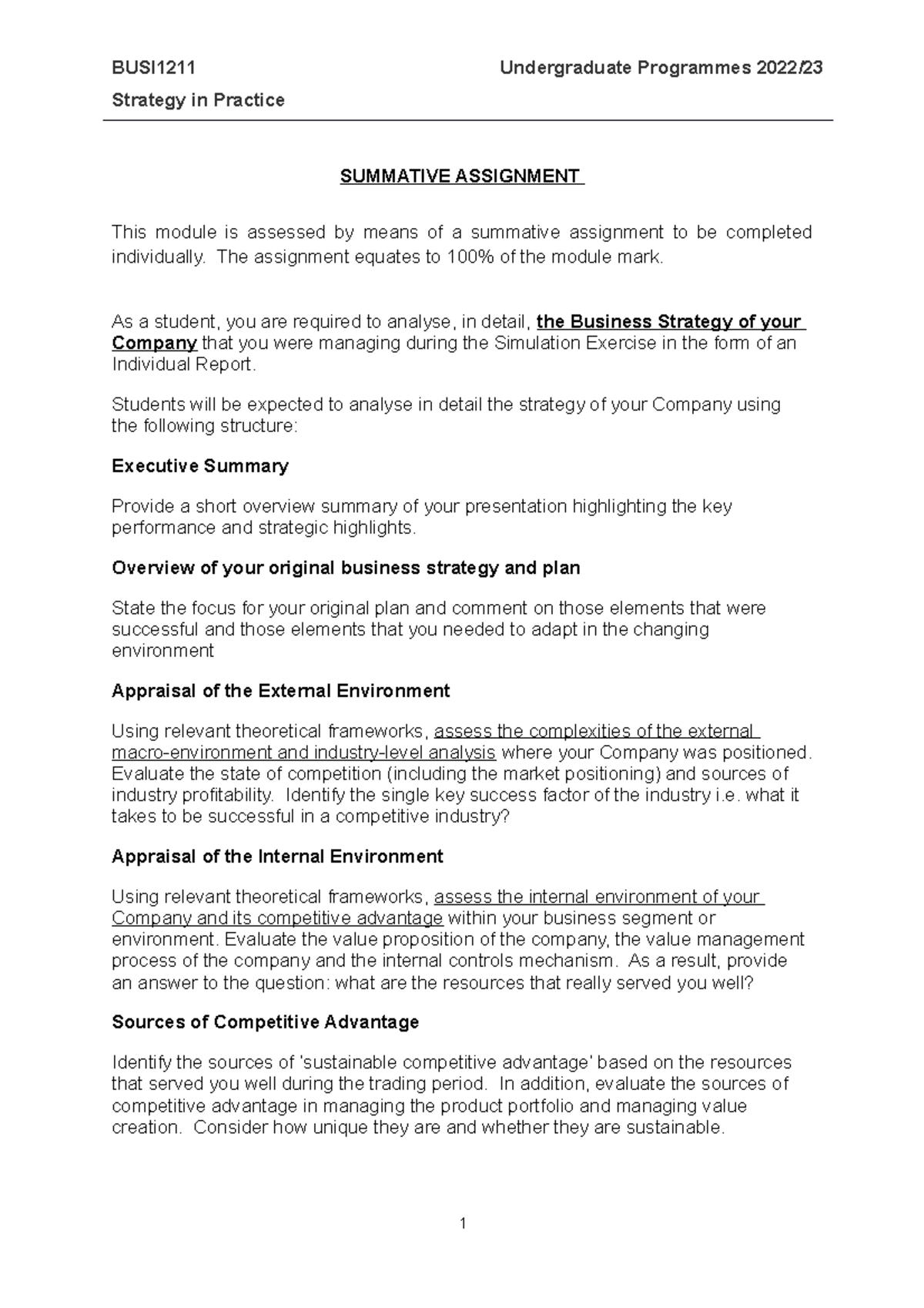 BUSI1211 Strategy in Practice Summative Assessment 2022 23 - Strategy ...