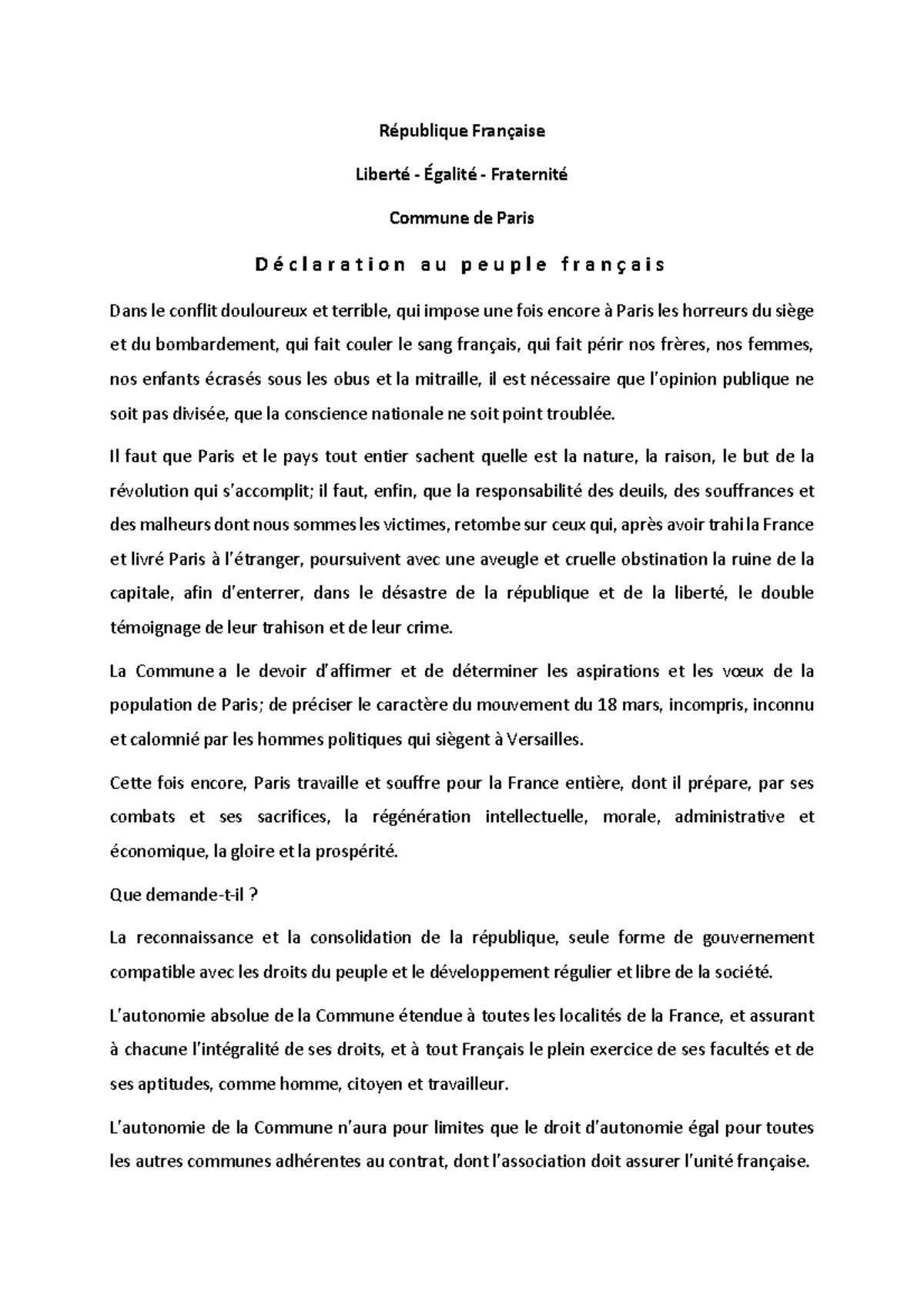 3. Déclaration au peuple français, 1871 - République Française Liberté ...