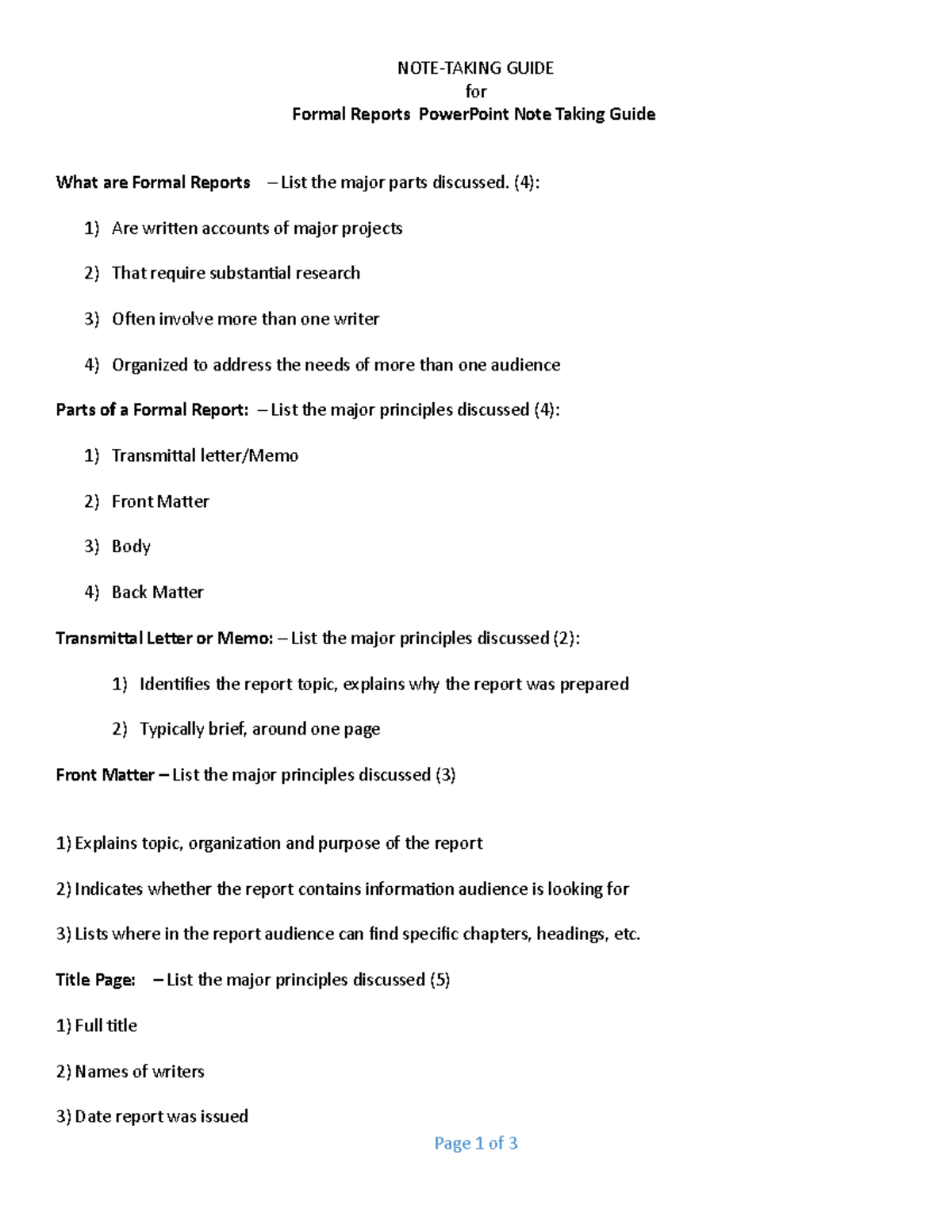 Formal Reports - Case Report - NOTE-TAKING GUIDEfor Formal Reports ...