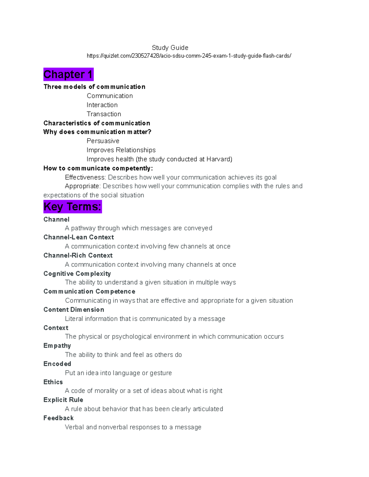 COMM Study Guide #1 - Lecture notes 1-5 - Study Guide - Studocu