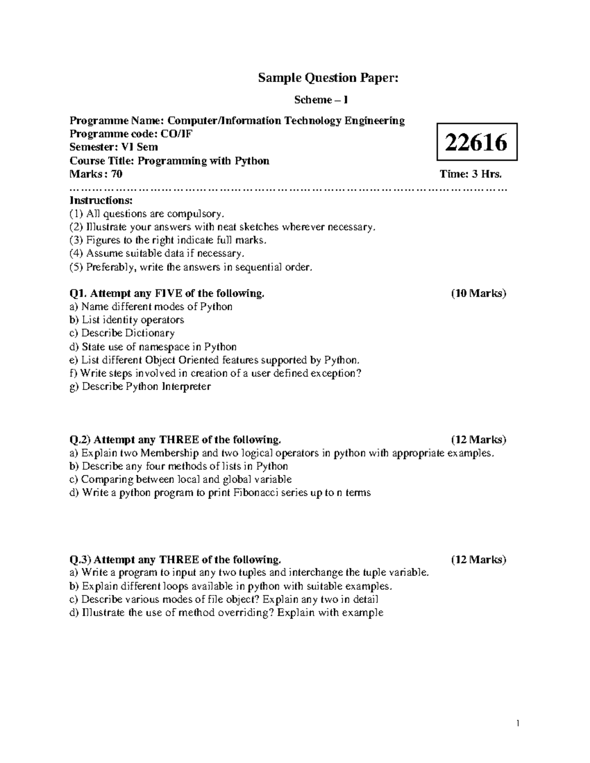 22616 model question paper - Sample Question Paper: Scheme – I Programme Name: Computer ...