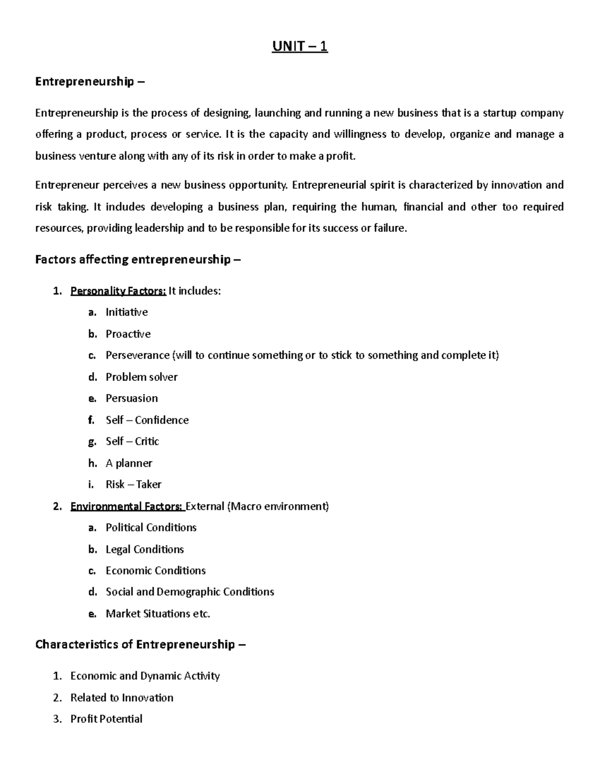 Class Notes - UNIT – 1 Entrepreneurship – Entrepreneurship is the ...