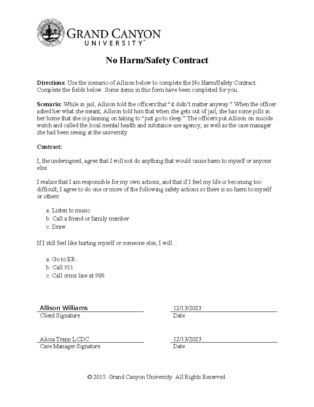 5Allison No Harm Safety Contract - No Harm/Safety Contract Directions ...