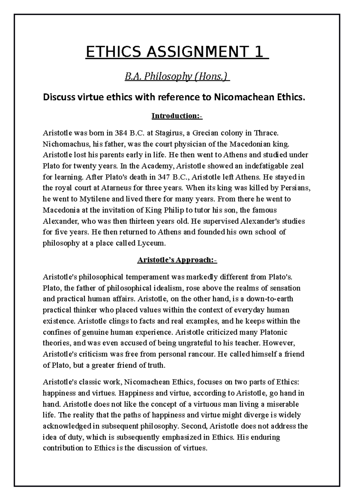 Ethics Assignment 1 - ETHICS ASSIGNMENT 1 B. Philosophy (Hons.) Discuss ...