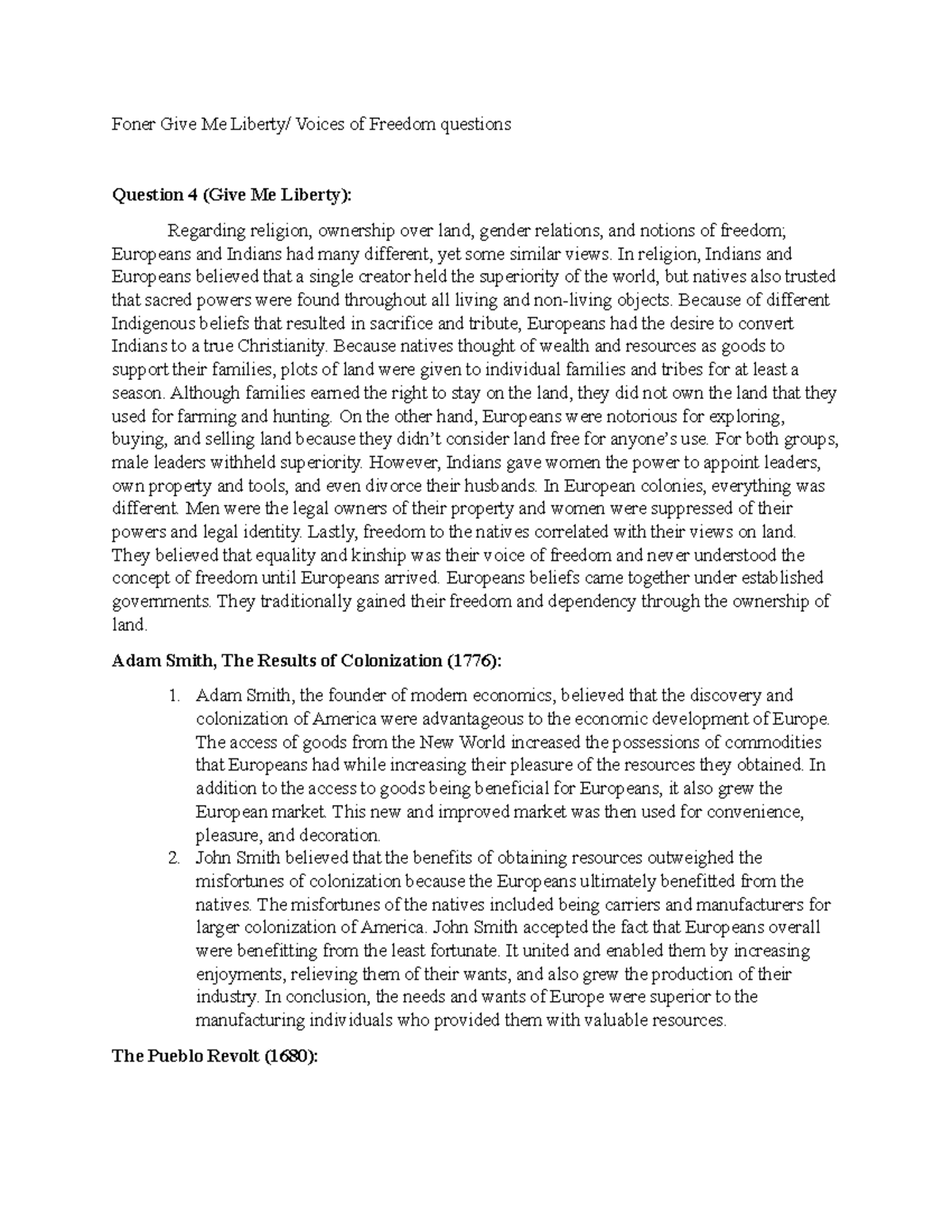 Reading Assignments #1 (HIST) - Foner Give Me Liberty/ Voices of ...