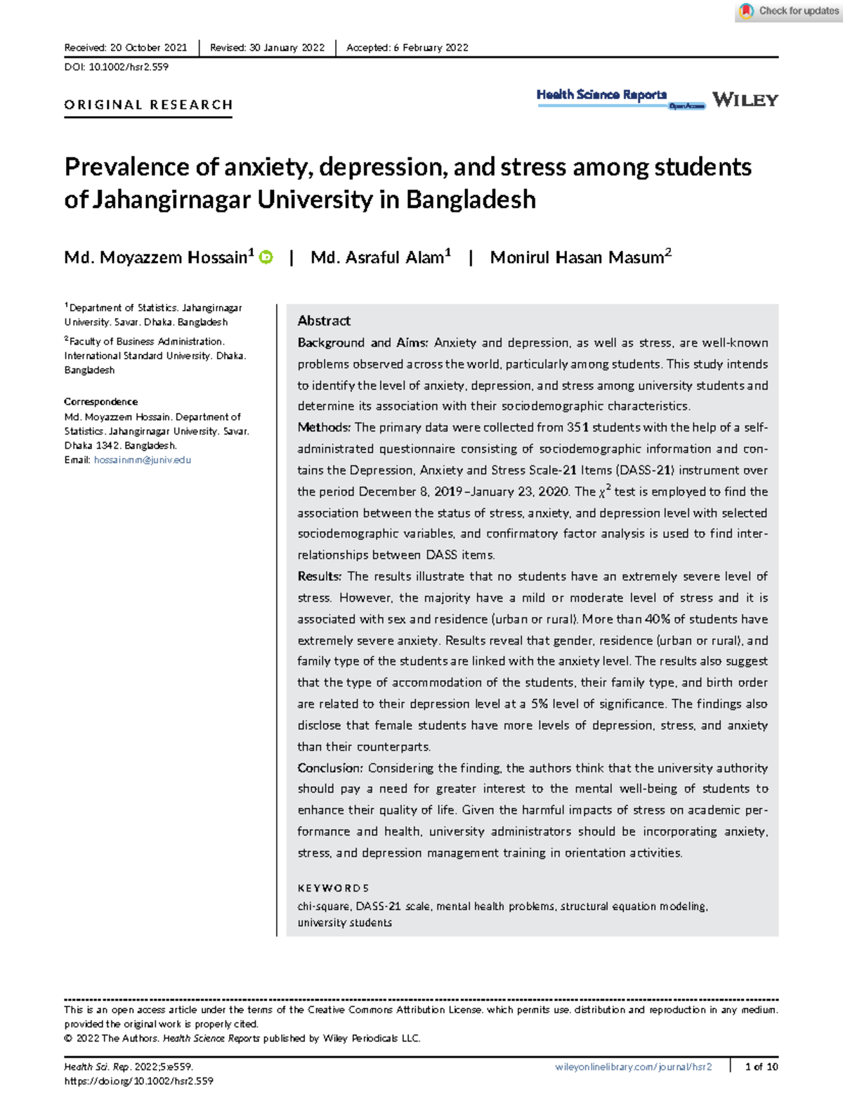 Health Science Reports - 2022 - Hossain - Prevalence of anxiety ...