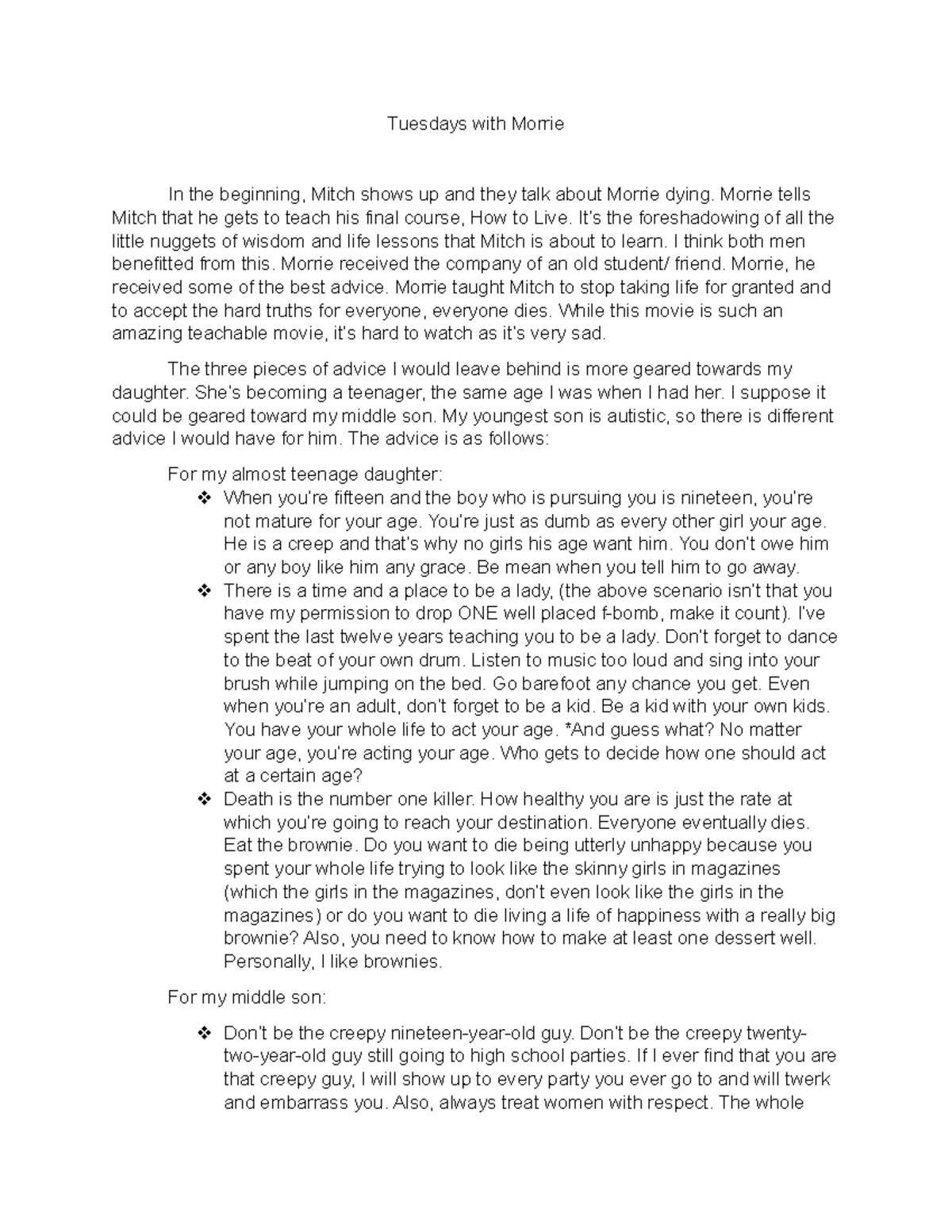 Tuesdays with Morrie - Morrie tells Mitch that he gets to teach his ...