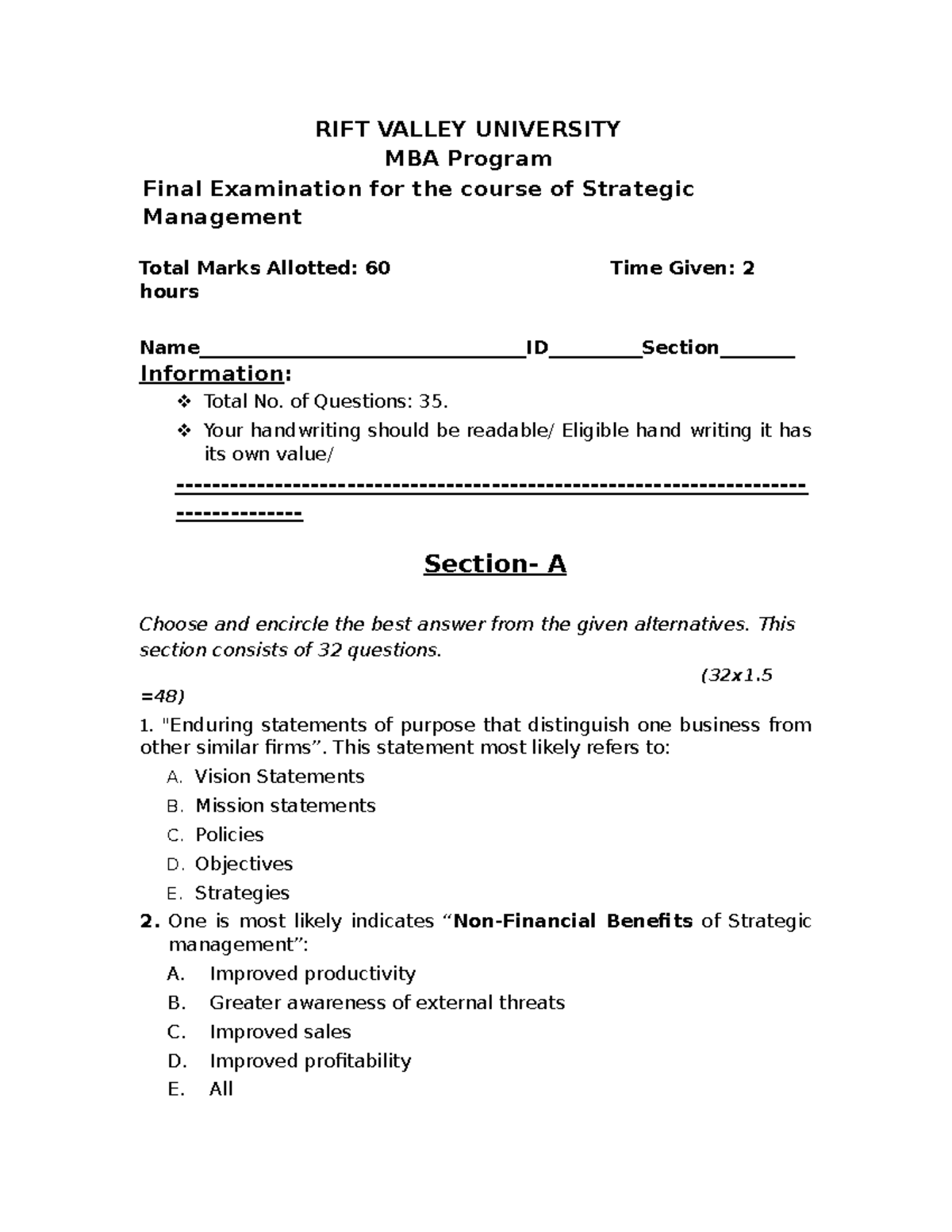 Strategic Mgt Final Examination - RIFT VALLEY UNIVERSITY MBA Program Final Examination for the ...