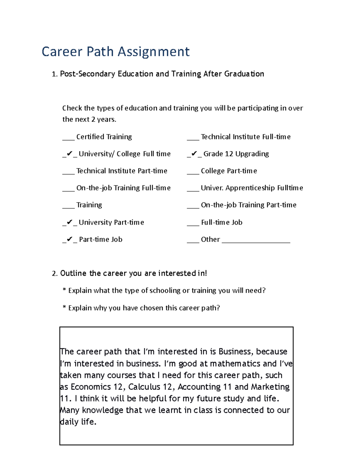 Career and Life Assignment Nina Ma - Career Path Assignment 1-Secondary ...