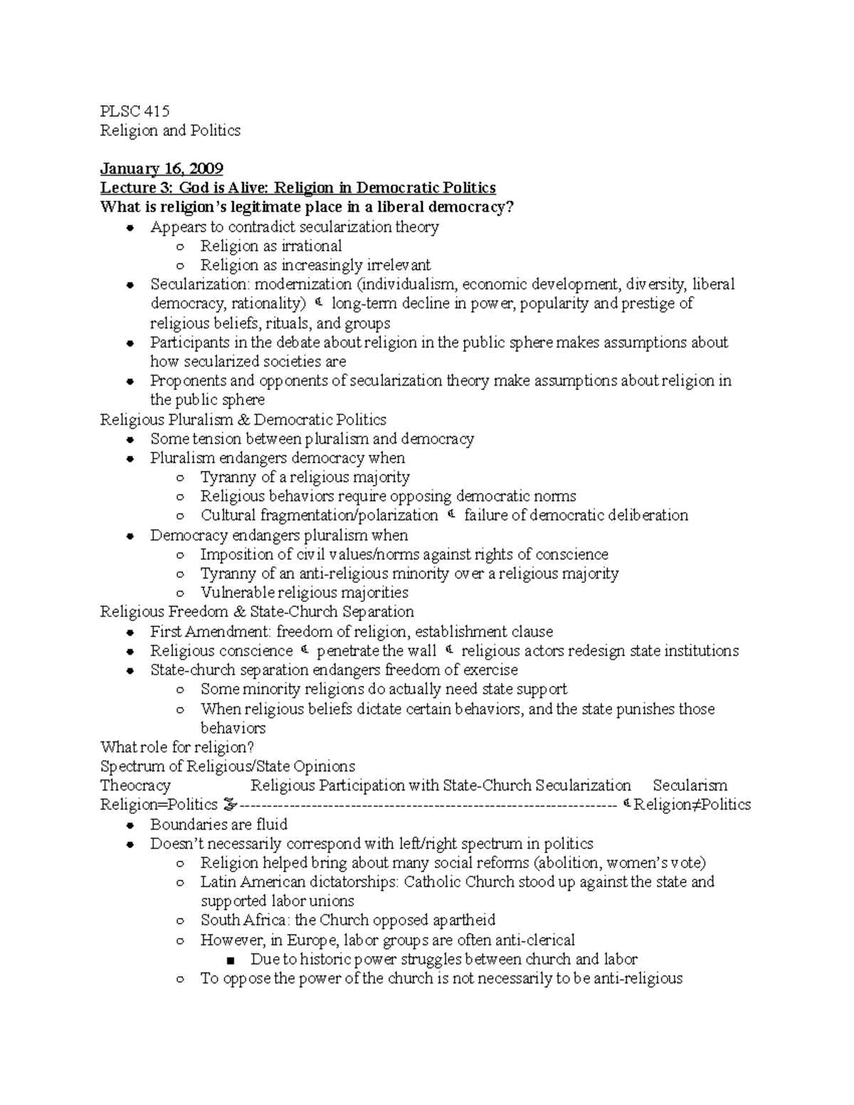 Lecture notes - Complete - PLSC 415 Religion and Politics January 16 ...