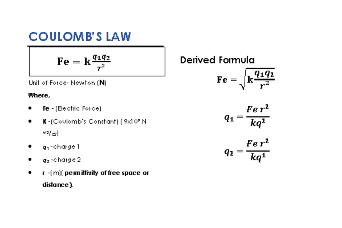 Coulomb - NOTES - COULOMB’S LAW 𝐅𝐞 = 𝐤 𝒒𝟏𝒒𝟐 𝒓² Unit of Force- Newton (N ...