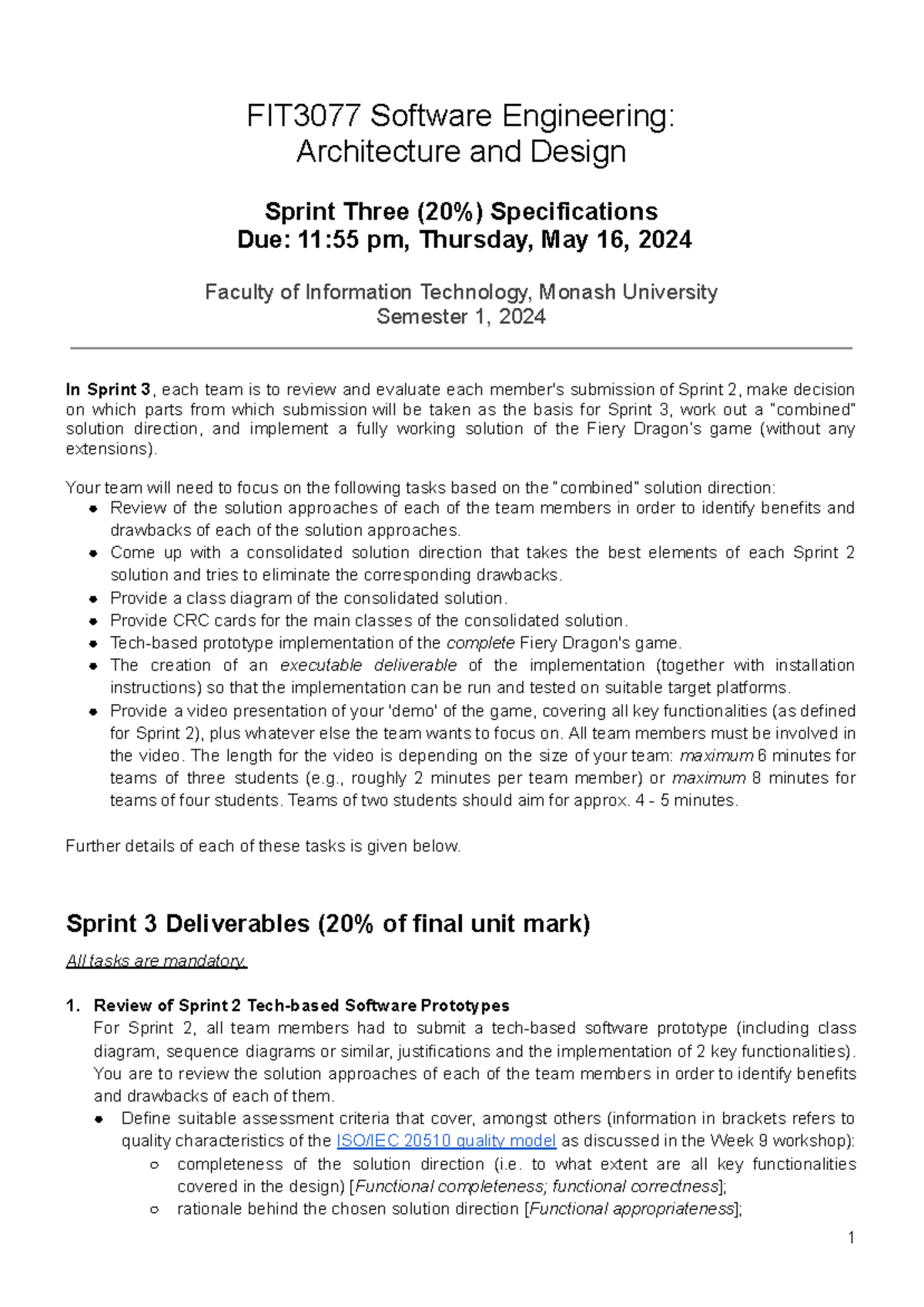 Sprint Three Brief - FIT3077 Software Engineering: Architecture and ...