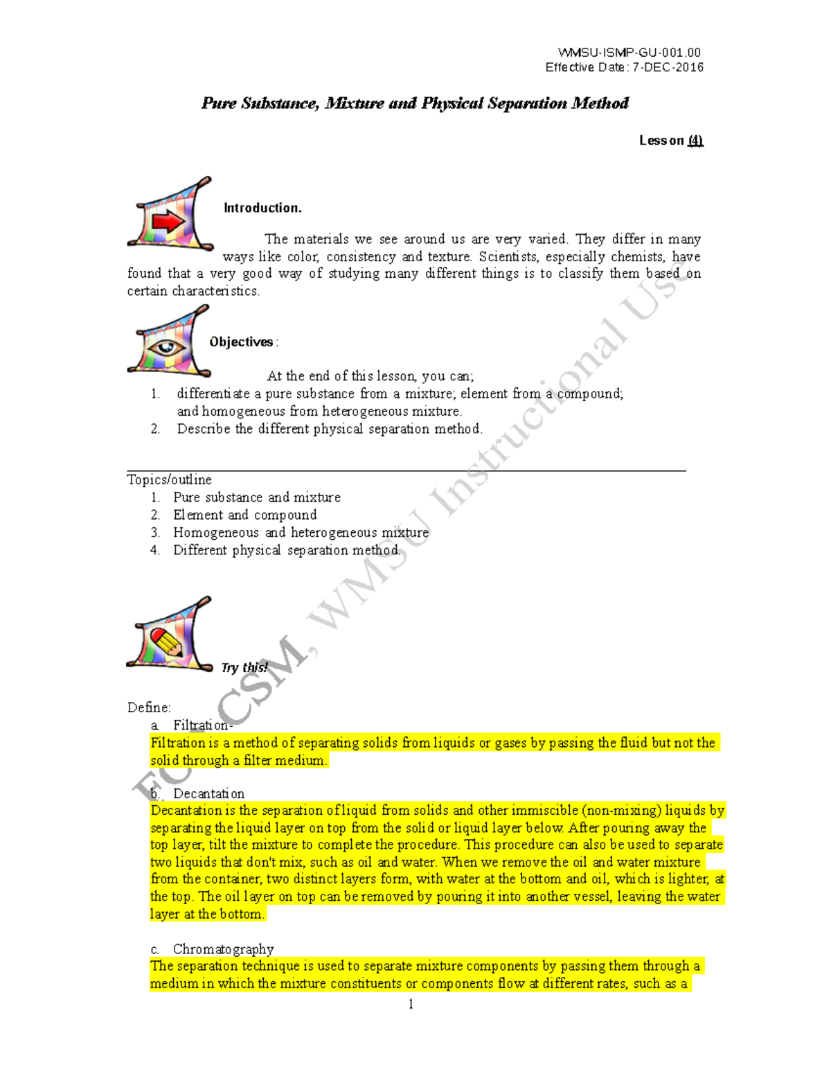 Lesson 4 Pure Substance, Mixture and Physical Separation Method - WMSU ...