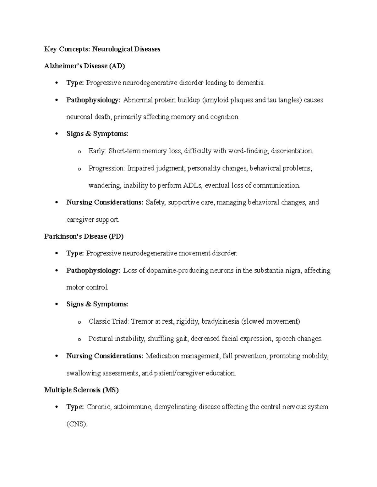 Neurological Handout - Neuro - Key Concepts: Neurological Diseases ...