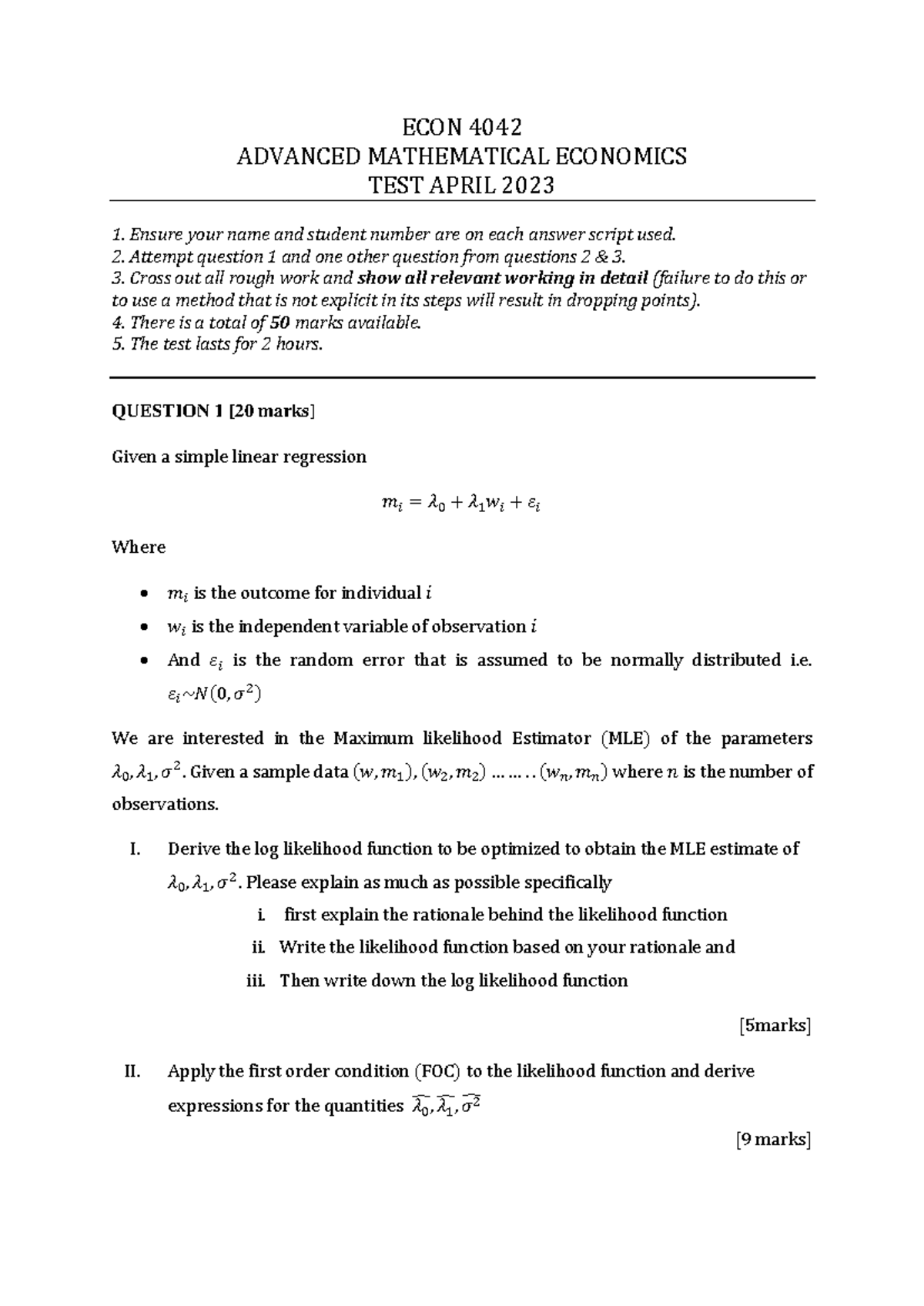 ECON 4042 Test Solutions 2023 - ECON 4042 ADVANCED MATHEMATICAL ...