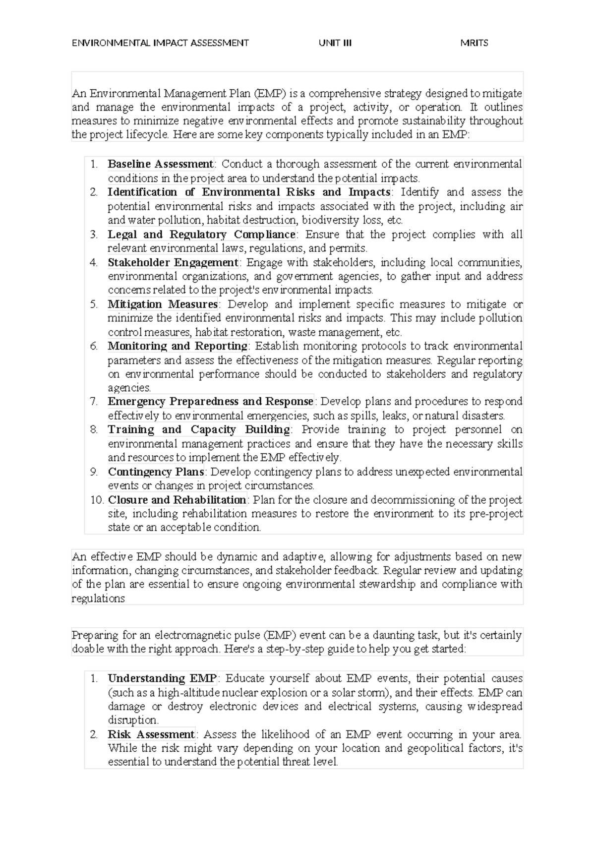 EIA UNIT-III - An Environmental Management Plan (EMP) is a ...