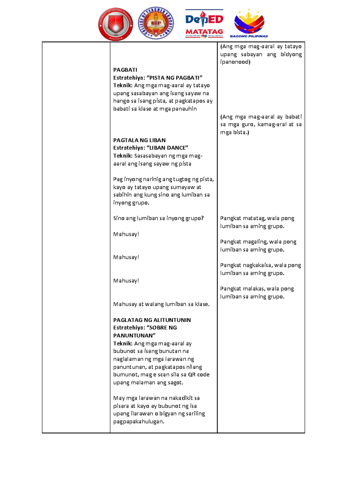 Dlp 2nd page - final lesson plan - PAGBATI Estratehiya: “PISTA NG ...