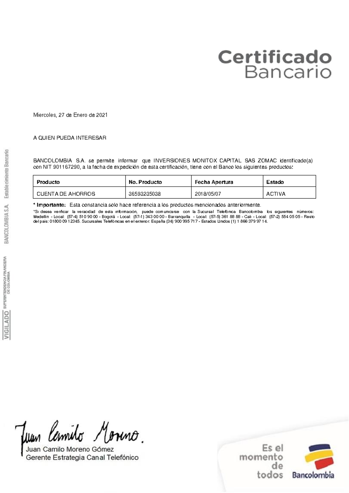 Certificado- Bancario- Bancolombia - Miercoles, 27 de Enero de 202 1 A ...