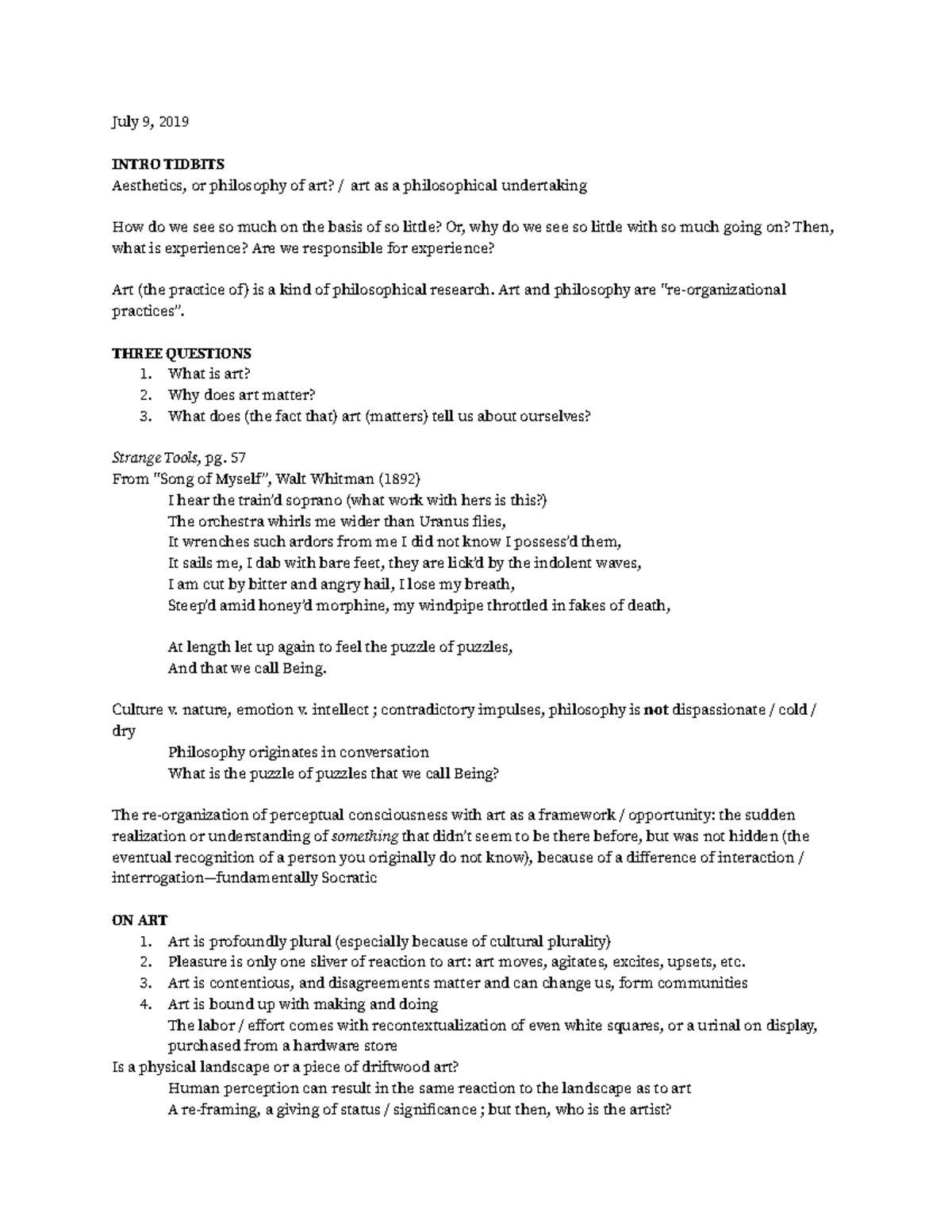 Philosophy 110 - July 9, 2019 INTRO TIDBITS Aesthetics, or philosophy ...