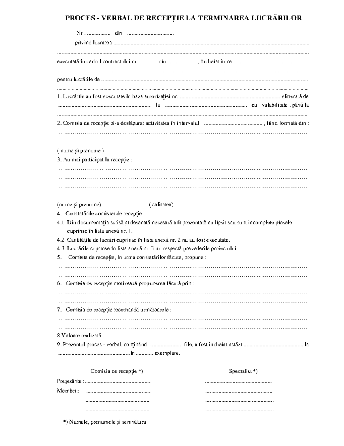 Proces verbal de receptie la terminarea lucrarilor - PROCES - VERBAL DE ...