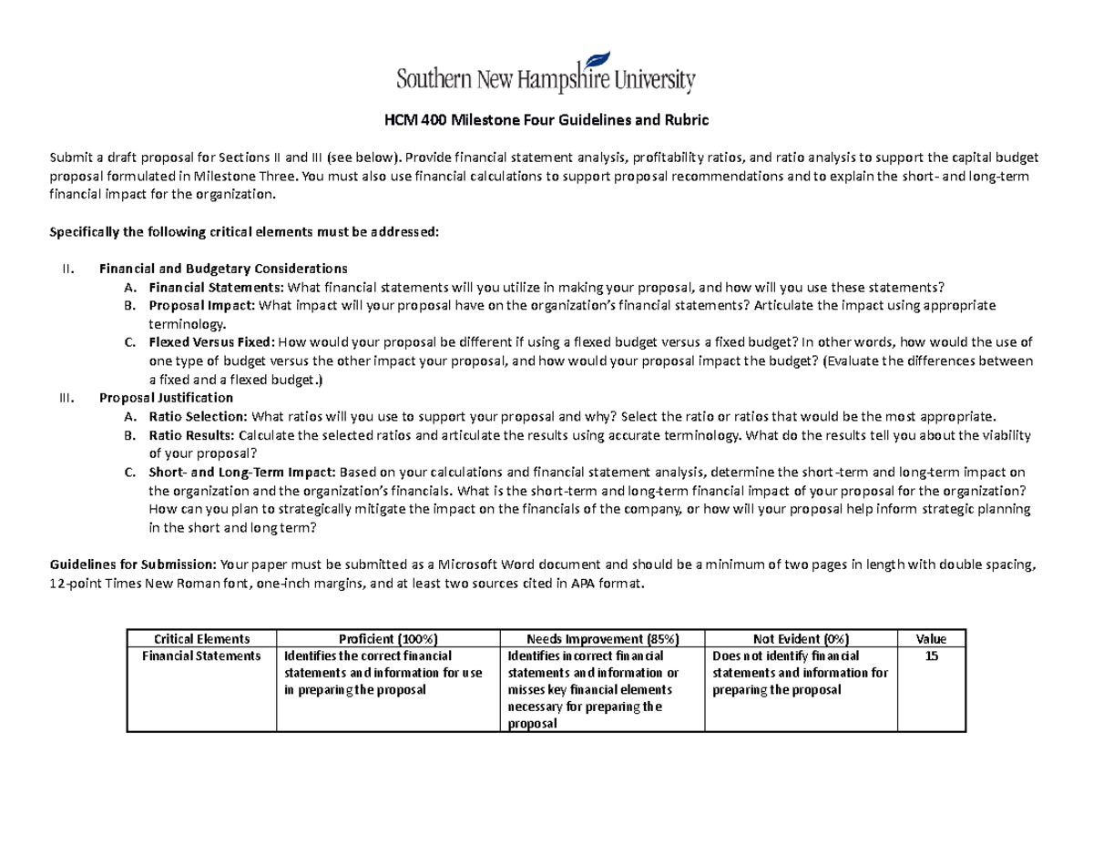 HCM 400 Milestone Four Rubric - HCM 400 Milestone Four Guidelines and ...