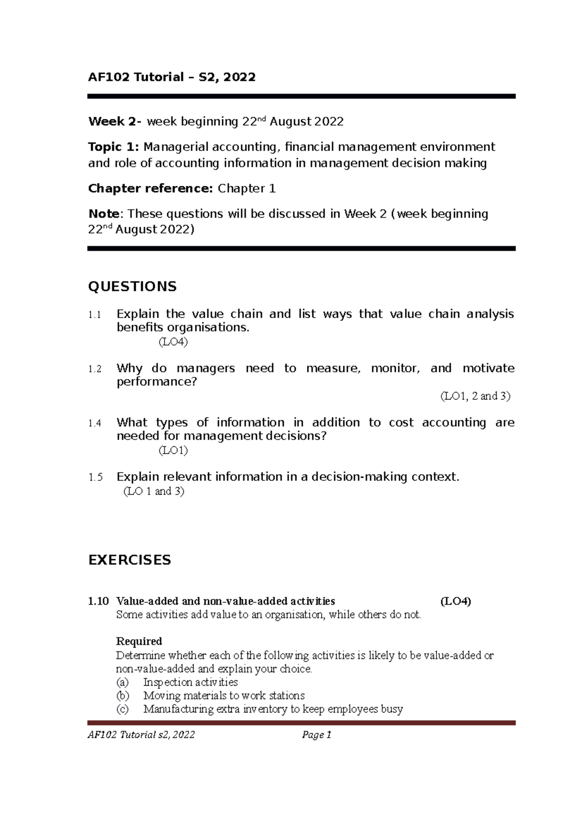 Topic 1 Tutorial Question - AF102 Tutorial – S2, 2022 Week 2- week ...