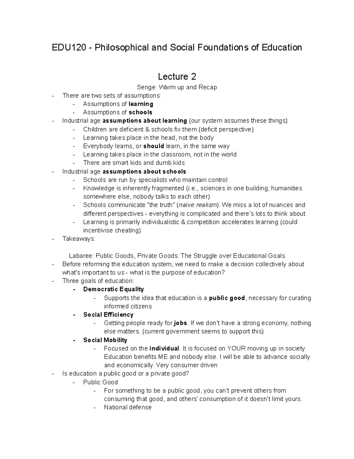 EDU 120 Notes (Lecture 2) - EDU120 - Philosophical and Social ...