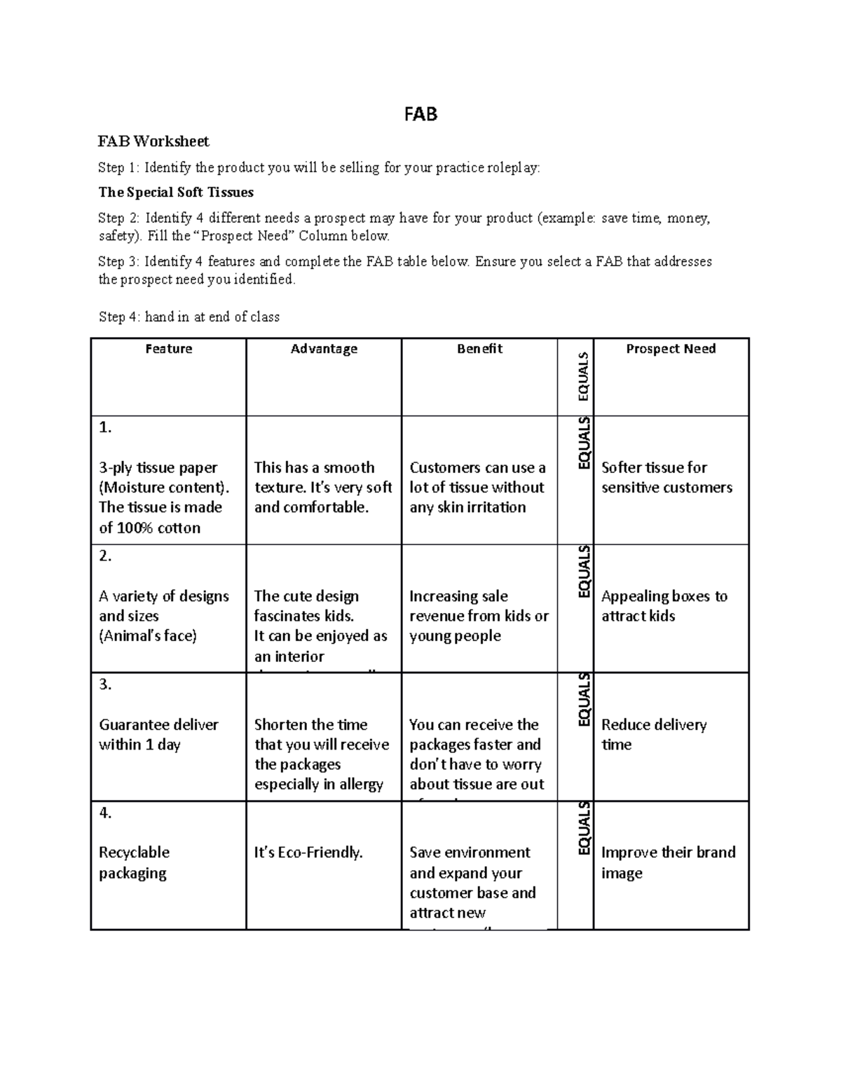 Week7 Class Participation Assignment Group 18 - FAB FAB Worksheet Step ...