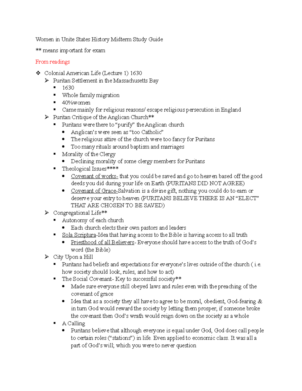 History midterm final study guide - Women in Unite States History ...
