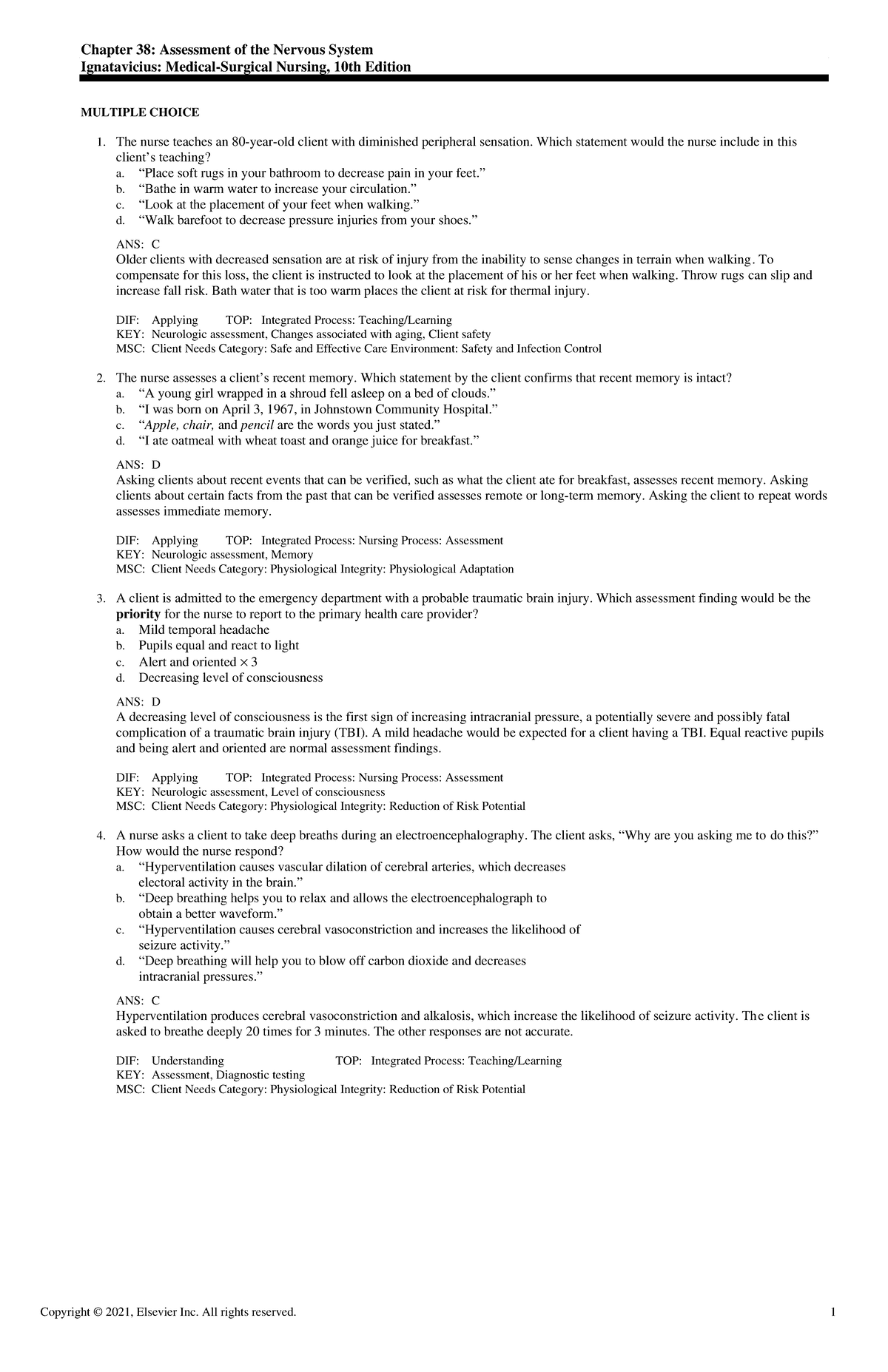 Exam View - Chapter 38 - Chapter 38: Assessment of the Nervous System ...