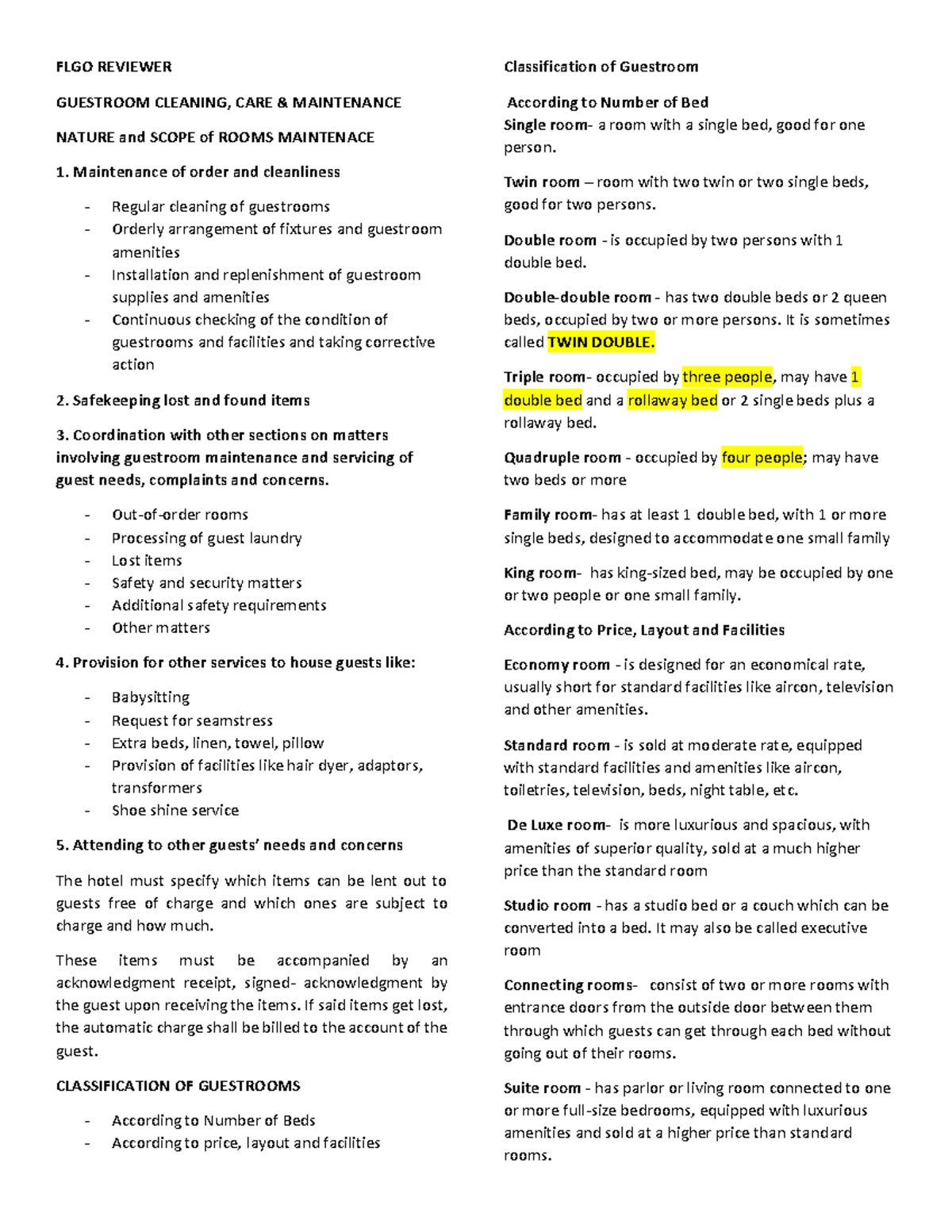 FLGO Reviewer - FLGO REVIEWER GUESTROOM CLEANING, CARE & MAINTENANCE ...
