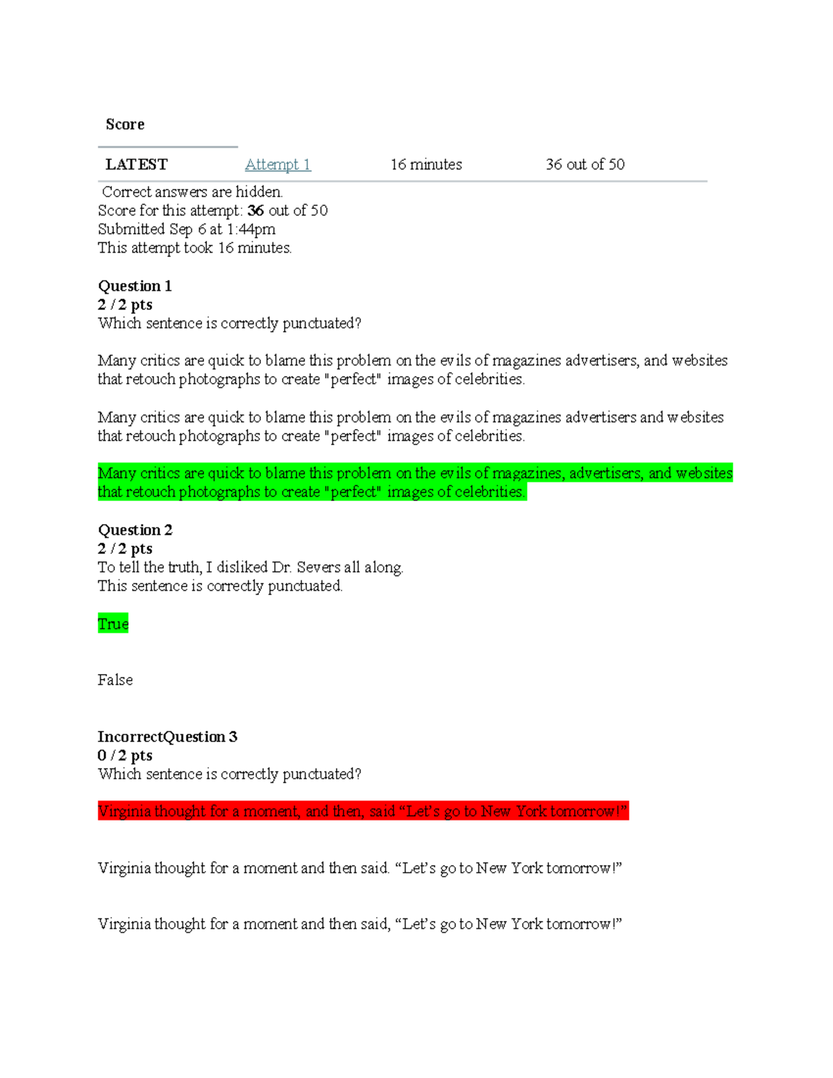 Comma - Score LATEST Attempt 1 16 minutes 36 out of 50 Correct answers ...