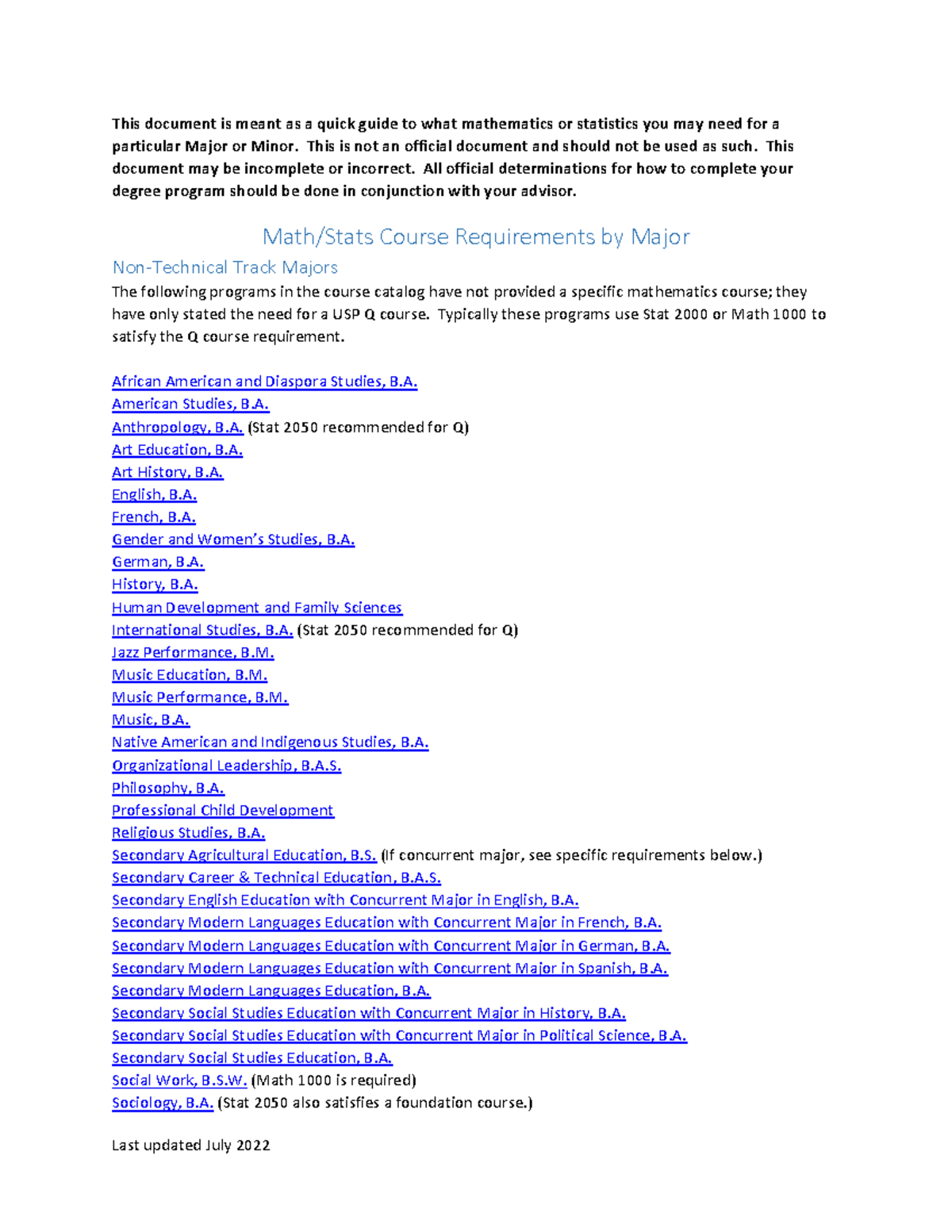 Mathstat requirements by program - This document is meant as a quick guide to what mathematics ...