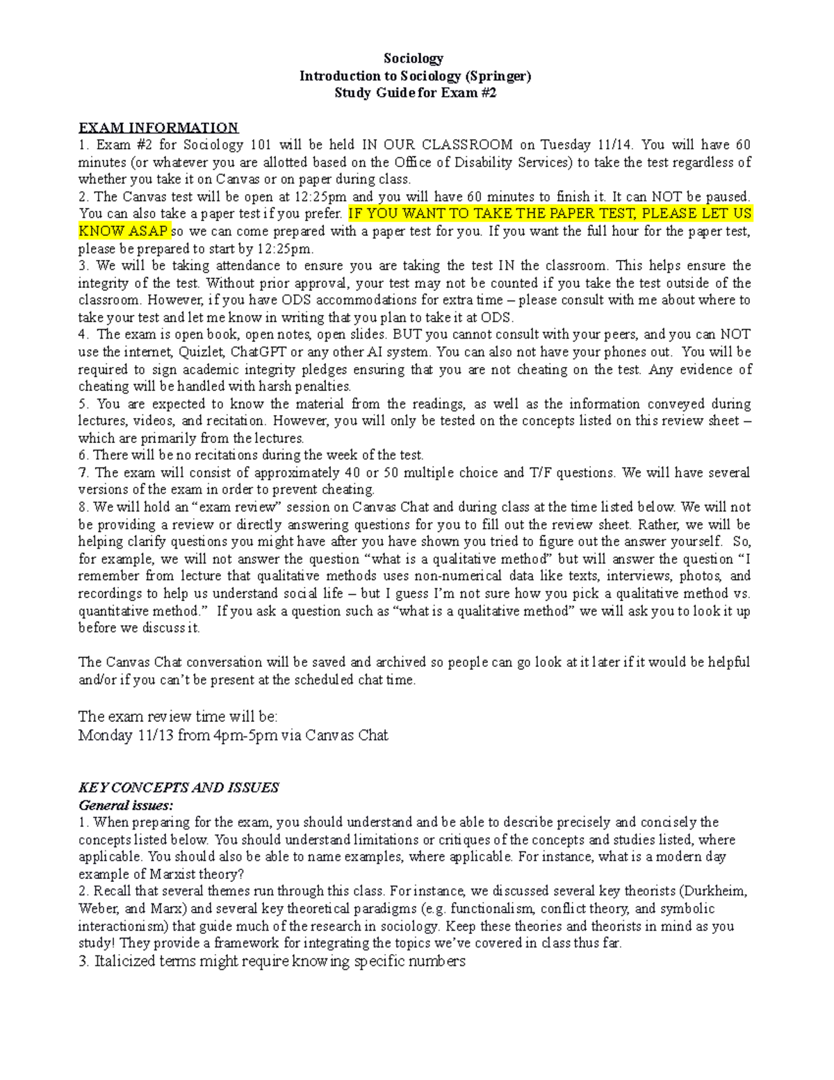 Exam 2 Review 110723 - Sociology Introduction to Sociology (Springer ...