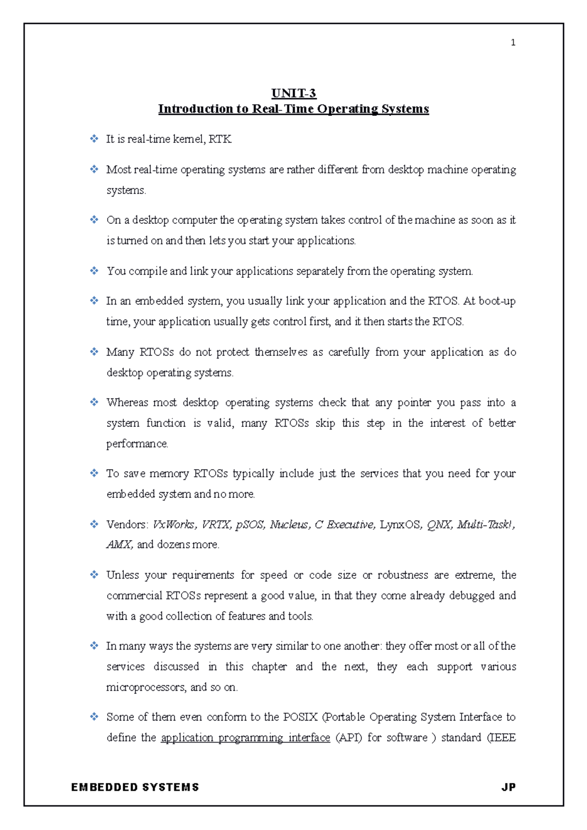 UNIT3 - ES,BDA,AI,CSDF 4th year - UNIT- Introduction to Real-Time Operating Systems It is - Studocu