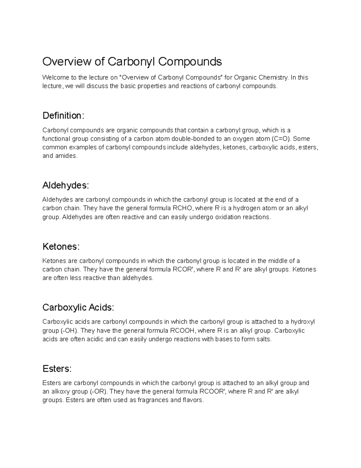 Organic Chemistry II (CHM-2020 ) Lecture 10 - Overview of Carbonyl ...