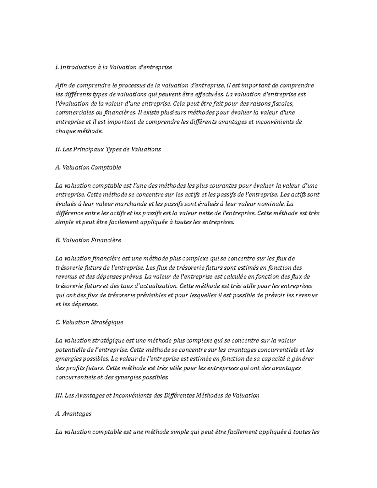 Business Valuation note study - I. Introduction à la Valuation d'entreprise Afin de comprendre ...