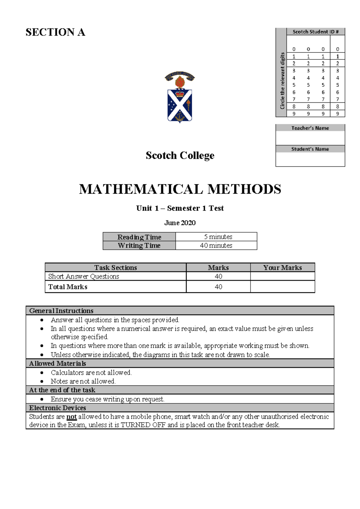 2020 11 MM Semester 1 Test - SECTION A Scotch College MATHEMATICAL ...