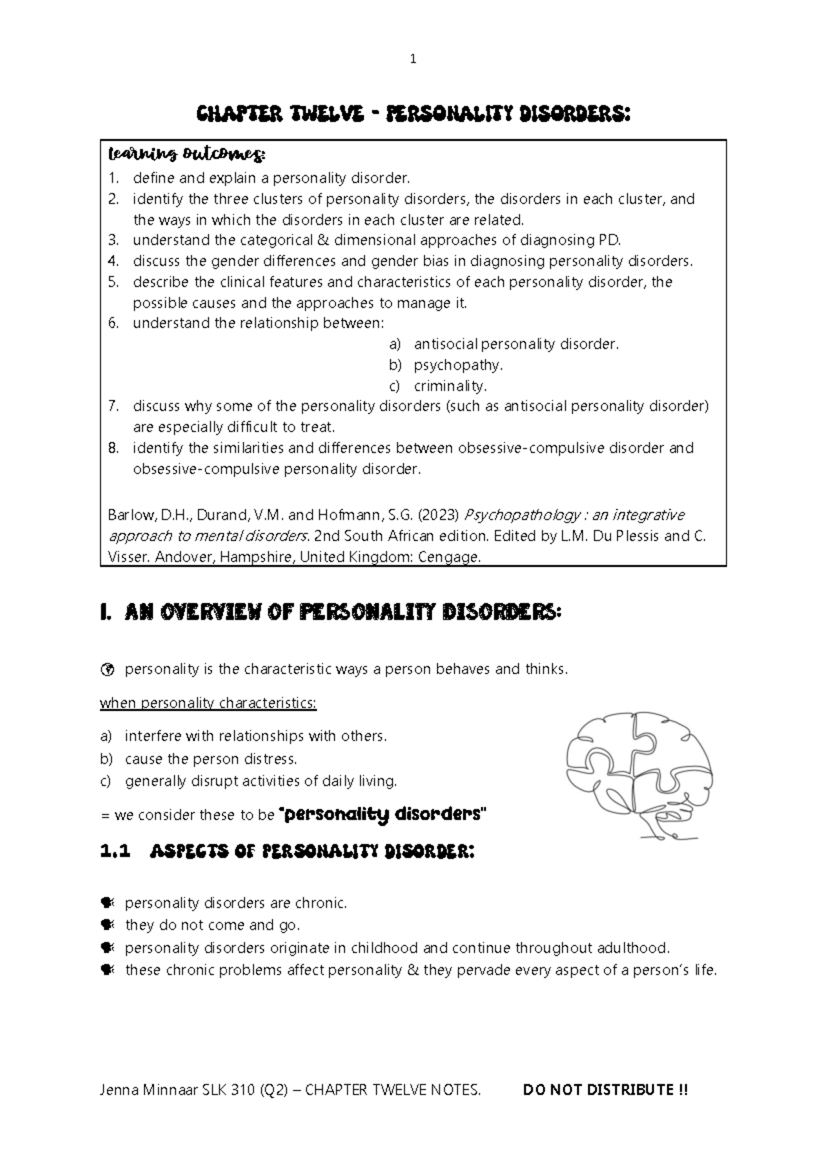 Chapter 12 Exam material - Chapter twelve – personality disorders ...