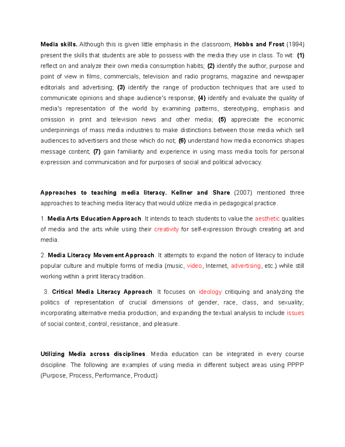 Approaches to Teaching Media Literacy Lecture - Media skills. Although ...