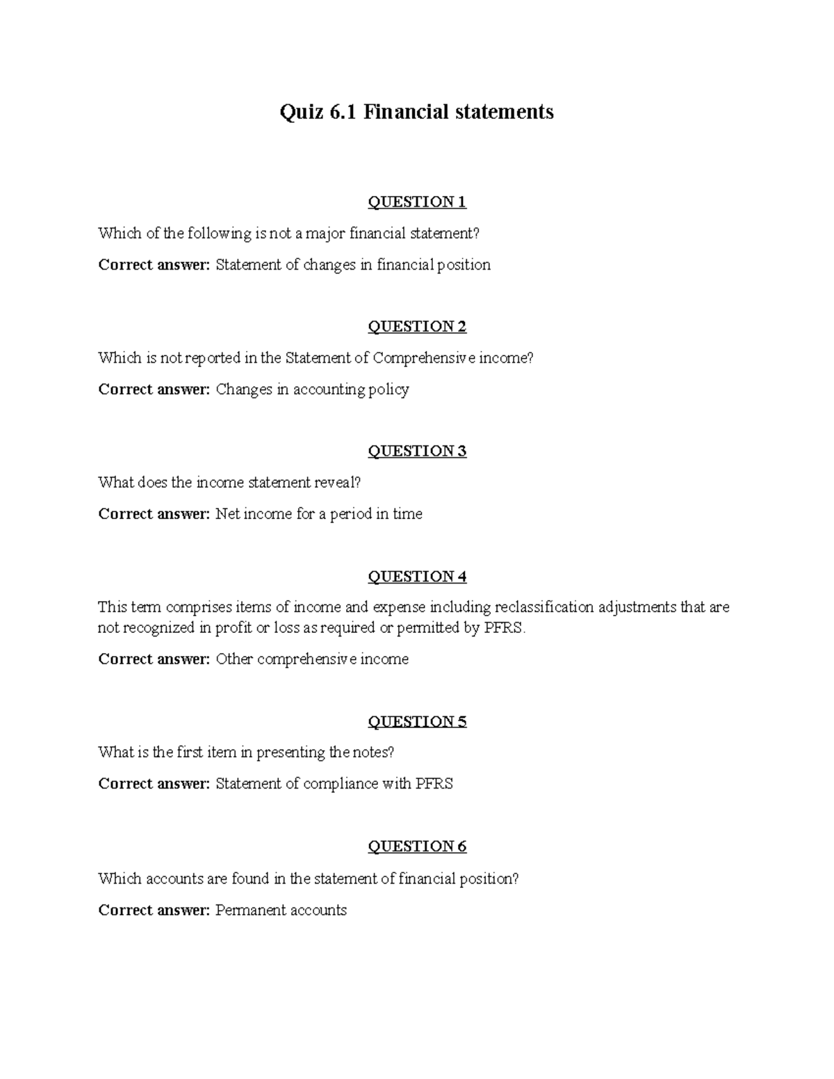 INTERMEDIATE ACCOUNTING 3 Quiz 6.1 Financial statements - Quiz 6 ...