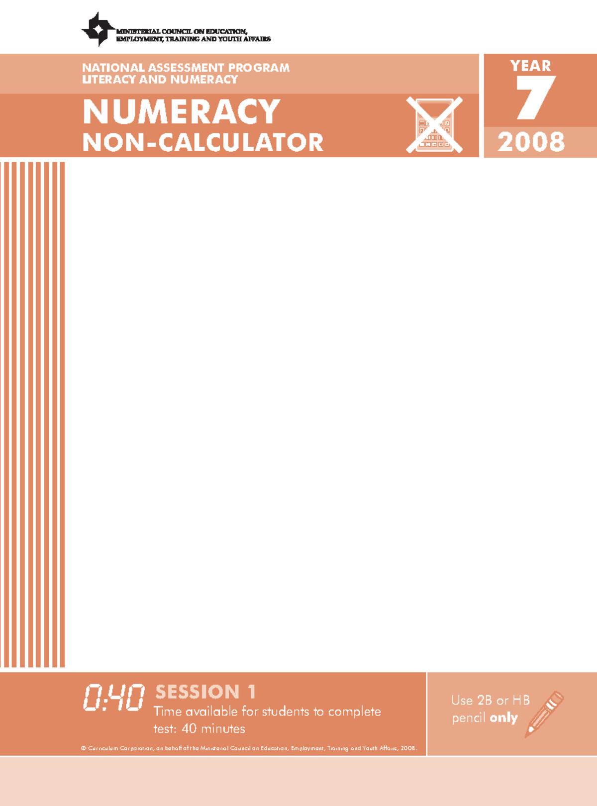 2008 08 Naplan 2008 Final Test Numeracy year 7 non calculator ...