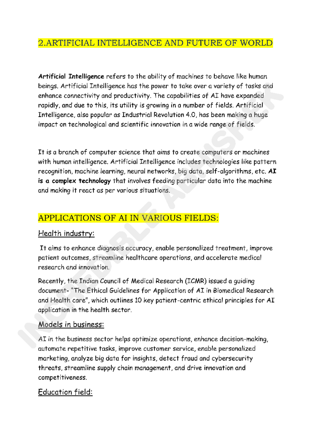 Artificial intelligence - Summer internship - Studocu