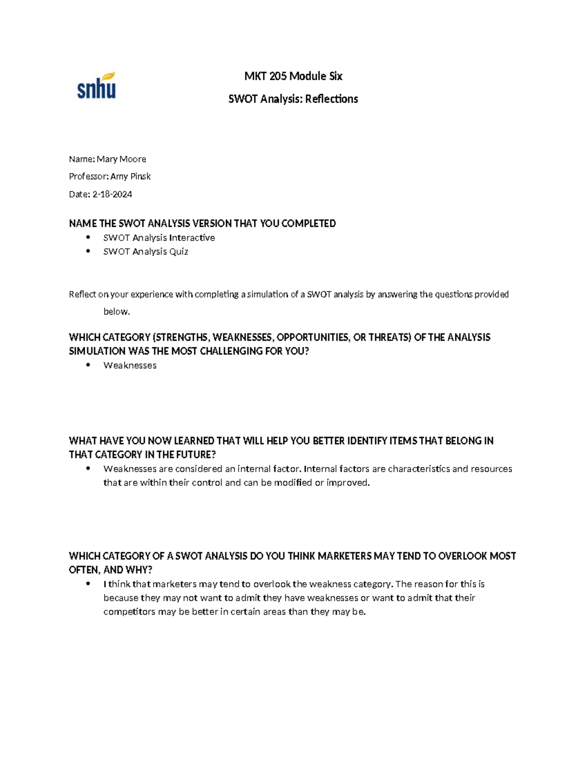 SWOT Analysis- Reflections Template - MKT 205 Module Six SWOT Analysis ...