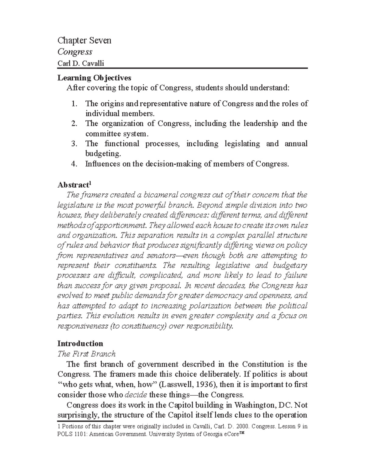 Textbook Chapter 7 - Chapter Seven Congress Carl D. Cavalli Learning Objectives After covering ...